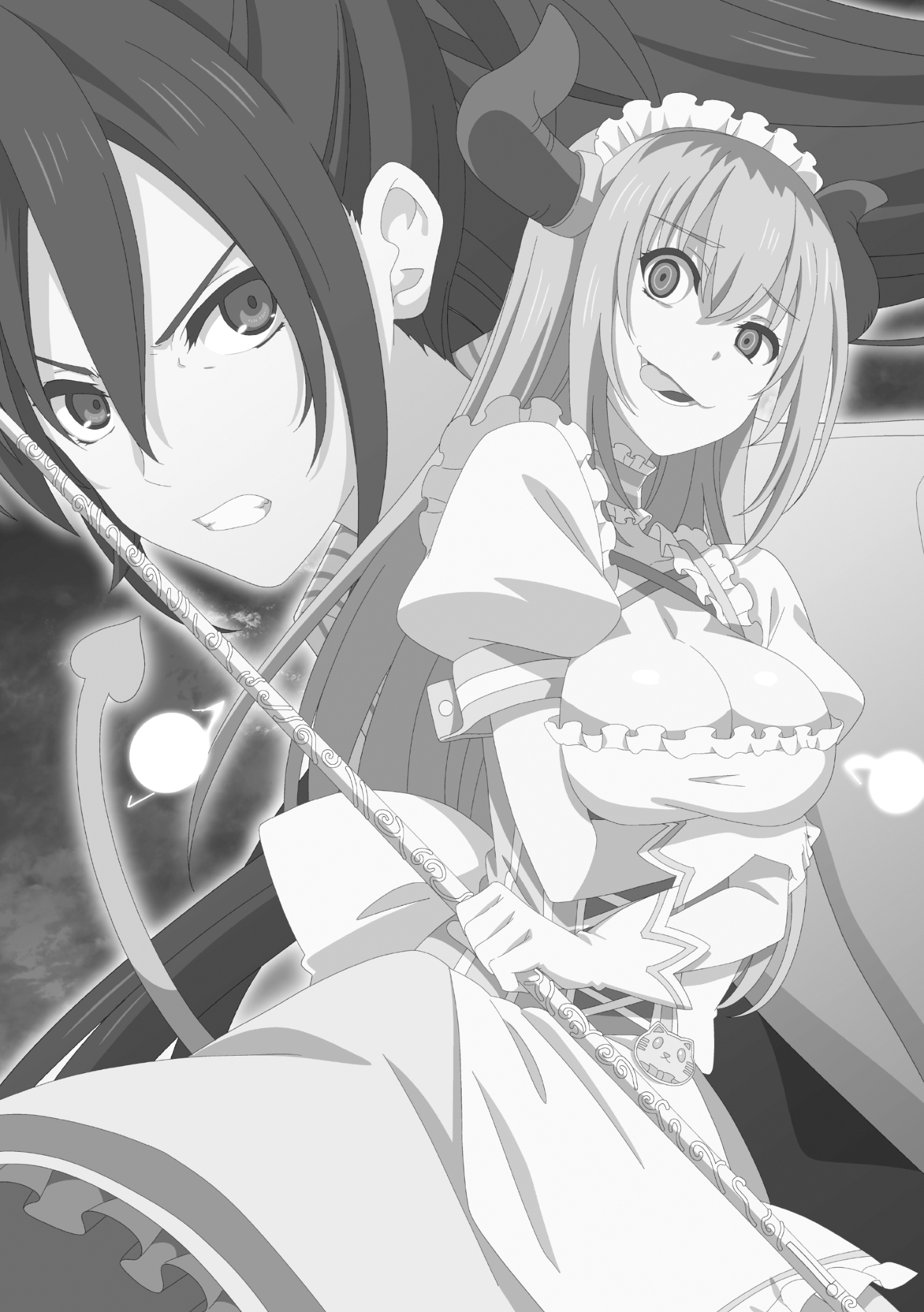 ikawa waki mitou shoukan://blood sign breast hold horns maid monochrome weapon | #544260 | yande.re